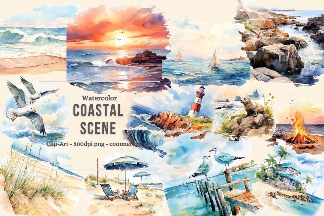 Watercolor Coastal Scene Clipart, Digital Graphics for Commercial Use ...
