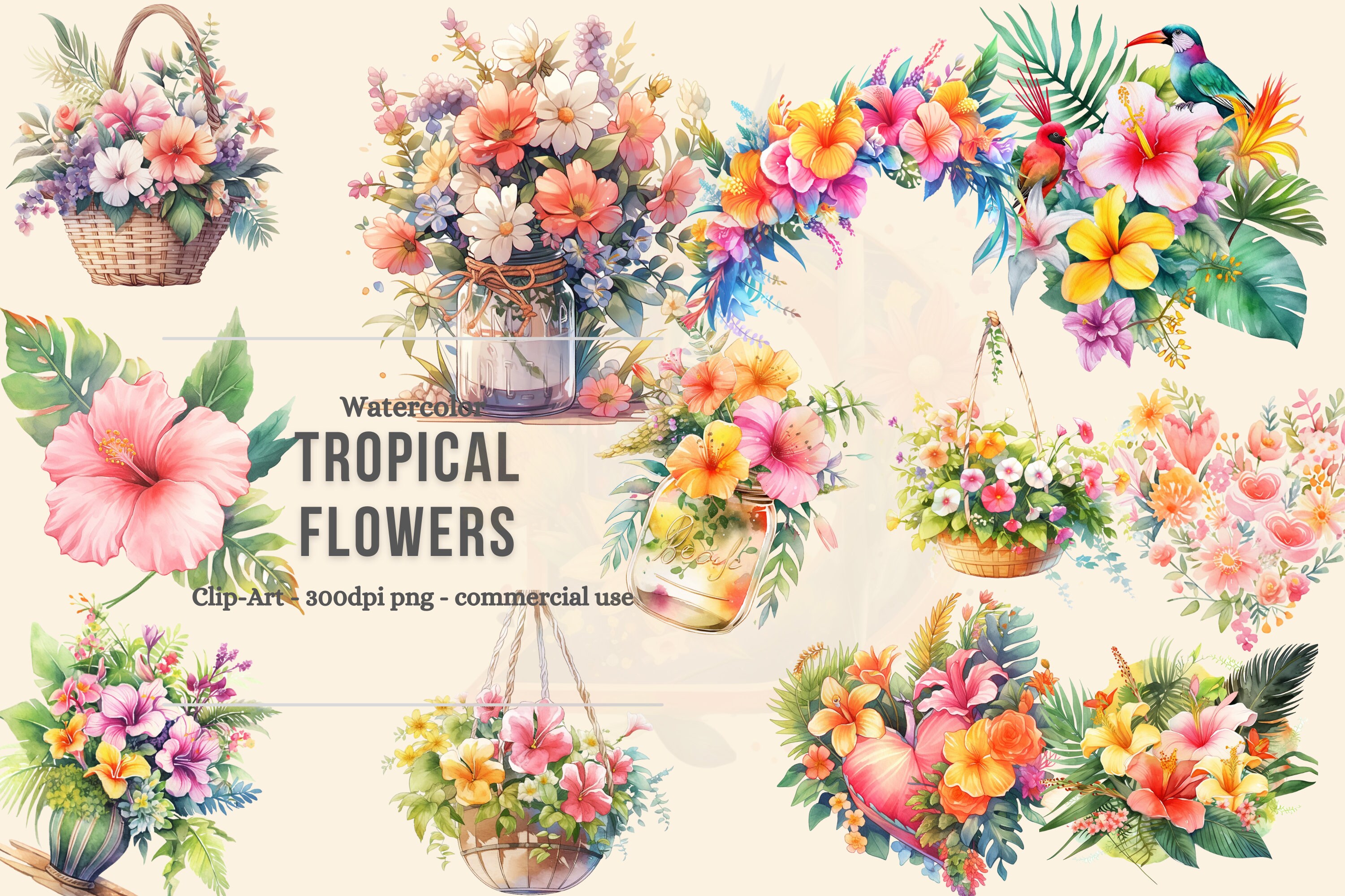 Watercolor Tropical Flowers Clipart Hibiscus and Plumeria - Etsy