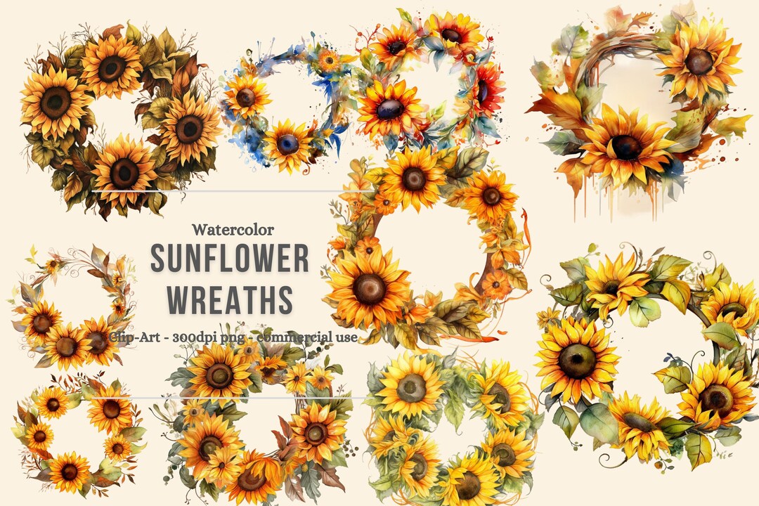 Sunflower Wreath Clipart Watercolor Spring Sunflowers Bouquets in 40x ...