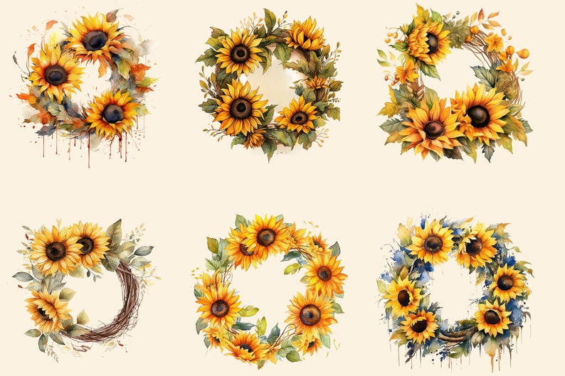 Sunflower Wreath Clipart Watercolor Spring Sunflowers Bouquets in 40x ...