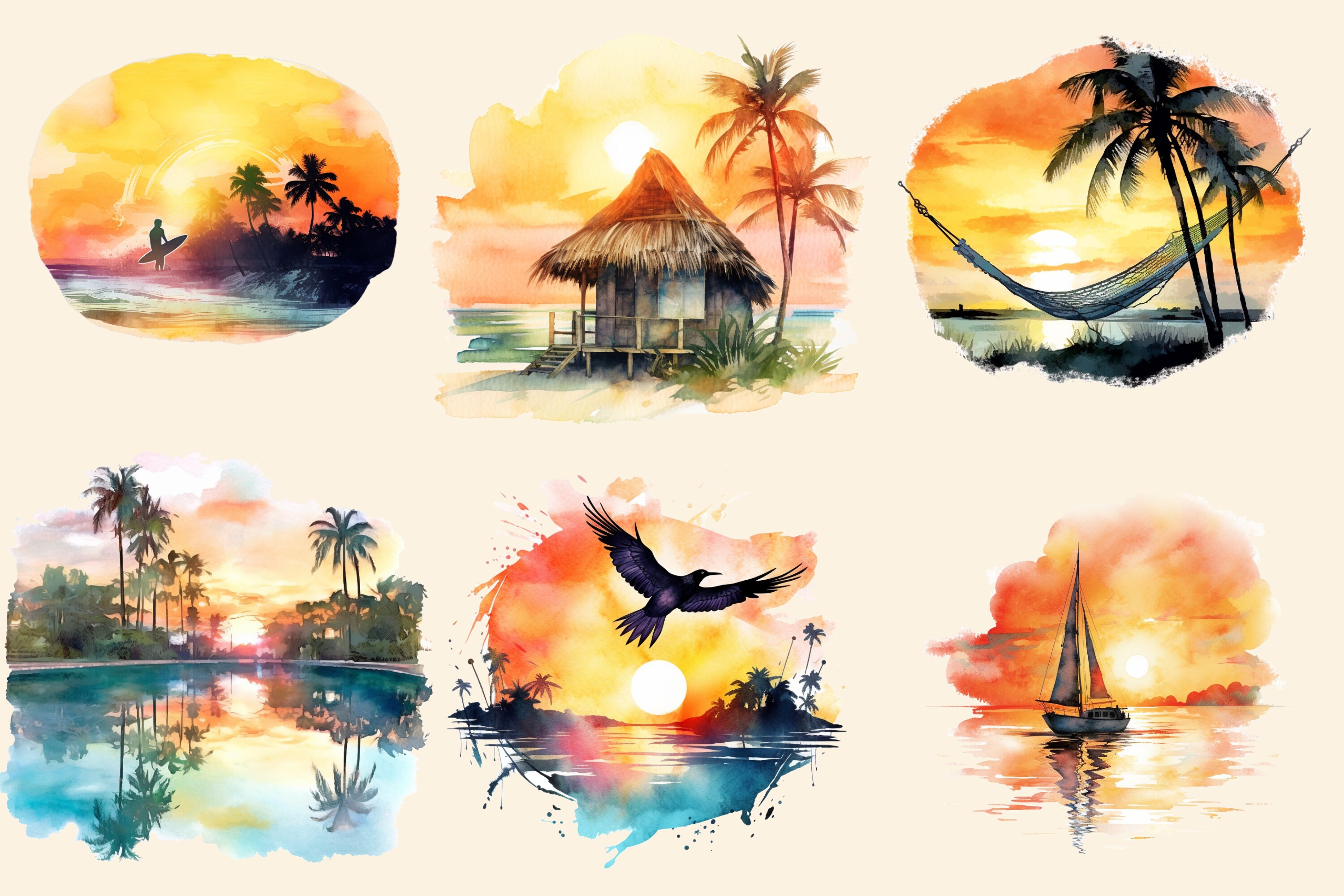 Tropical Sunrise Clipart, Watercolor Sunrise Scenes & Elements, Mega ...