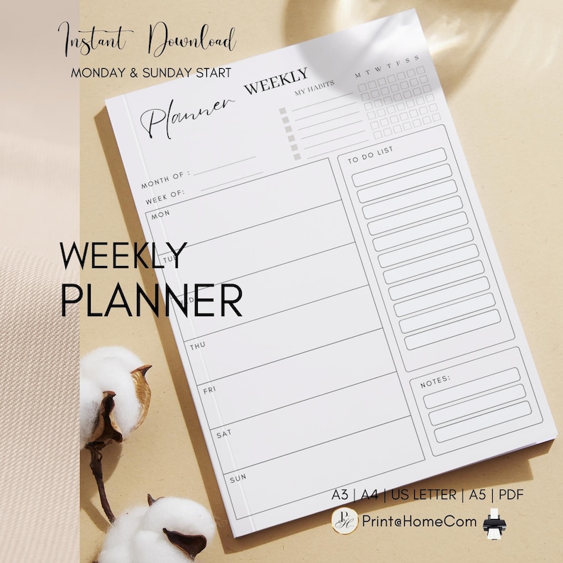Weekly Planner Printable Minimalist Weekly Schedule | A3 A4 US Letter ...