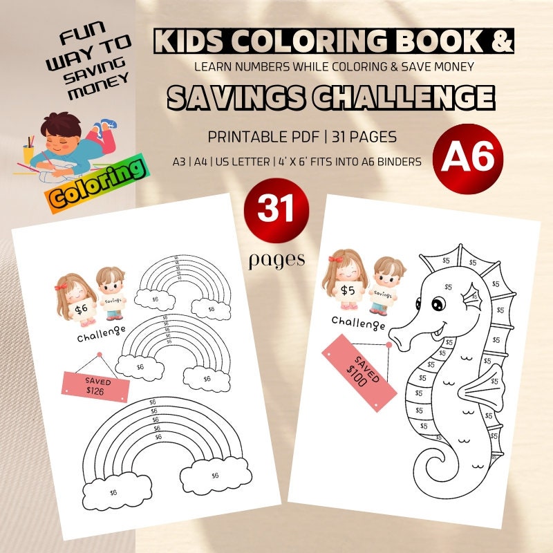 Kids Coloring Book Savings Challenge Bundle A3, A4, A6 Mini Size ...
