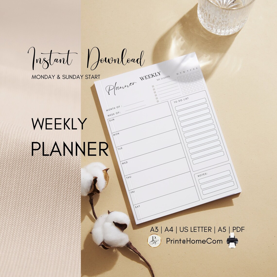Weekly Planner Printable Minimalist Weekly Schedule A3 A4 US Letter A5 ...