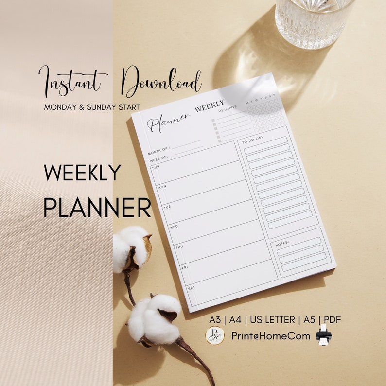 Weekly Planner Printable Minimalist Weekly Schedule A3 A4 US - Etsy