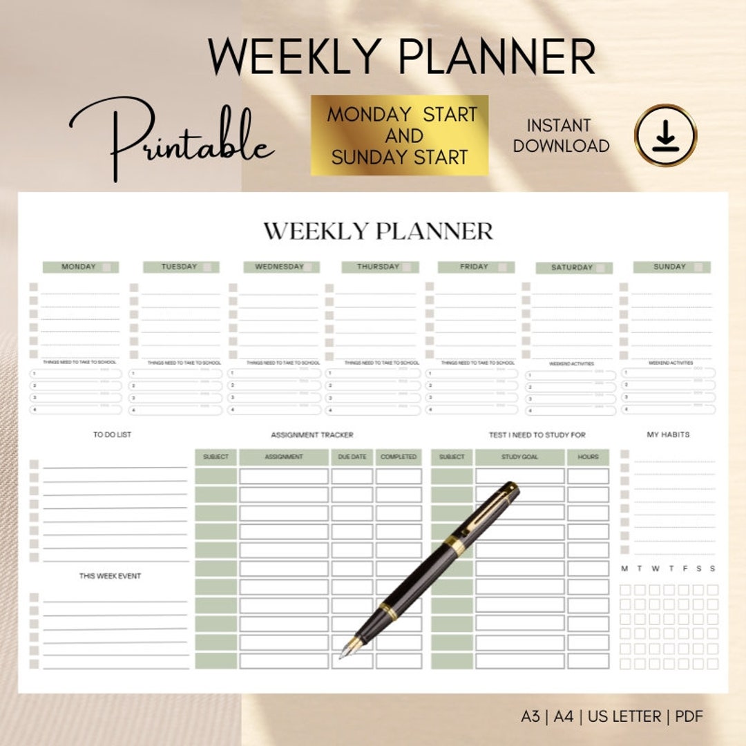Weekly Planner Printable | Minimalist Planner Template | A3, A4, US ...