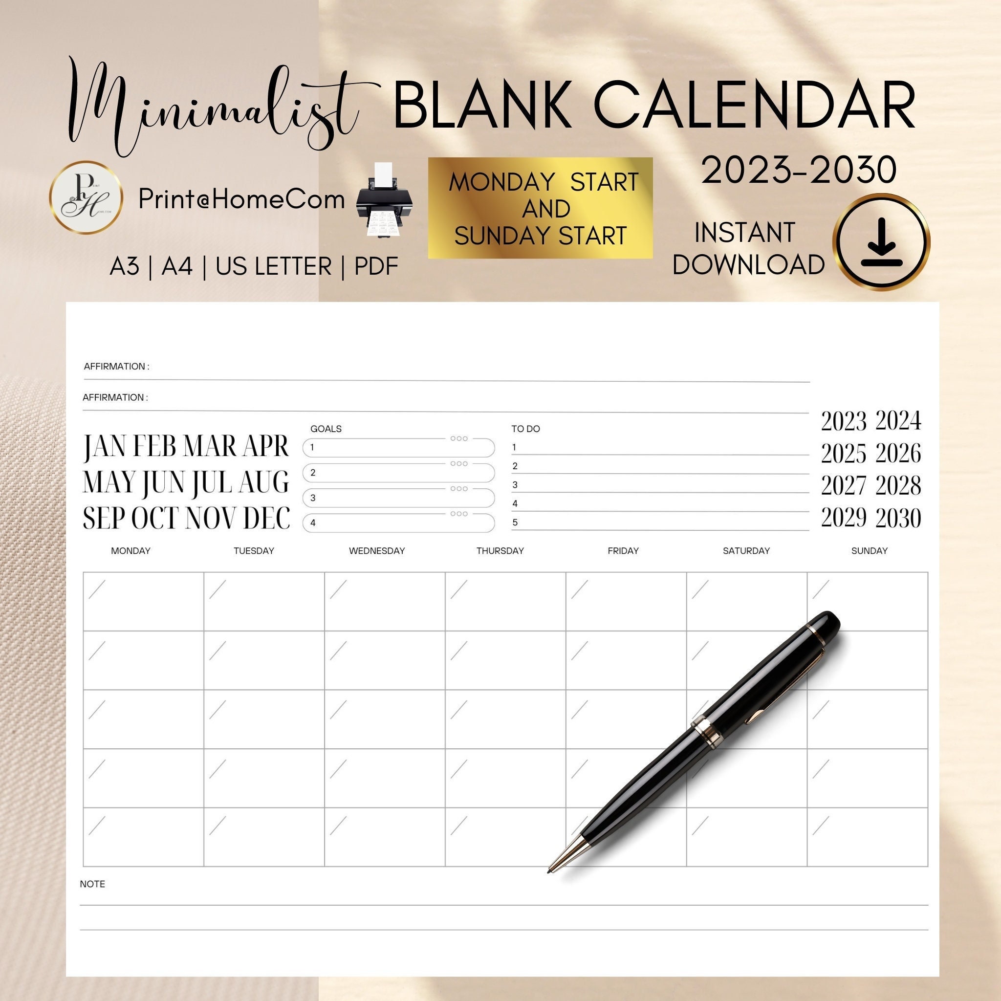 Printable Landscape Monthly Calendar Wall Calendar Minimalist Calendar ...