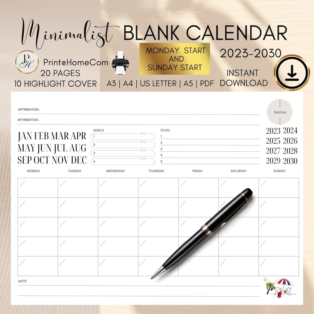 Blank Monthly Calendar,printable, Landscape , Wall Calendar, Minimalist ...