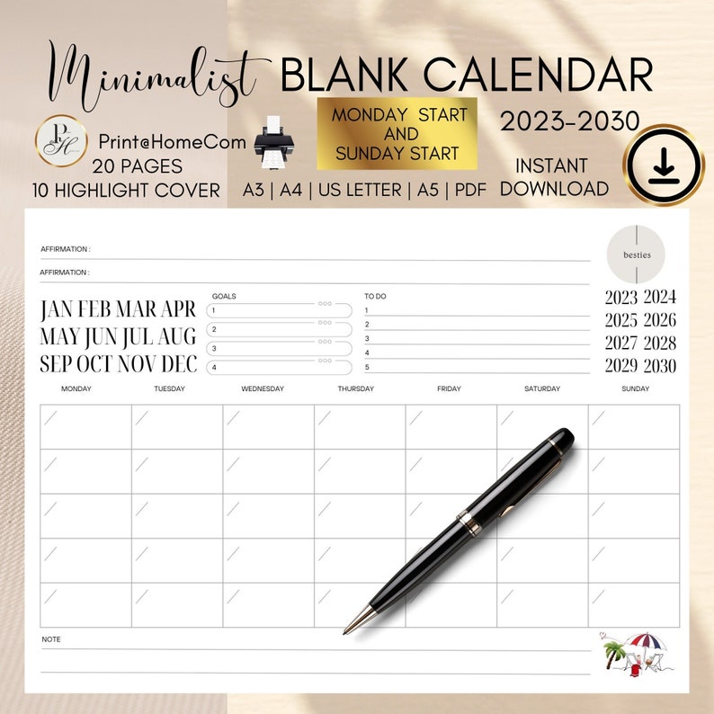 Blank Monthly Calendar,printable, Landscape , Wall Calendar, Minimalist ...