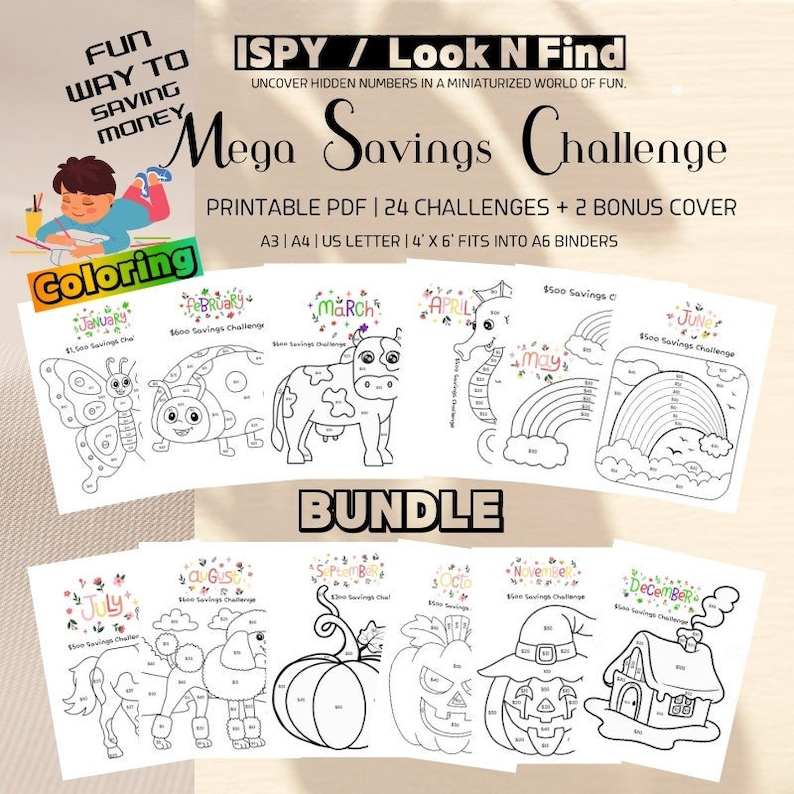 Printable Savings Challenge Bundle Set of 26 | ISPY Coloring Fun for ...