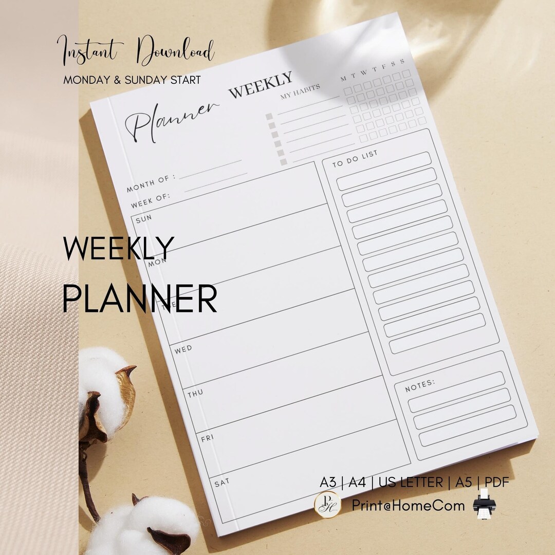Weekly Planner Printable Minimalist Weekly Schedule A3 A4 US Letter A5 ...