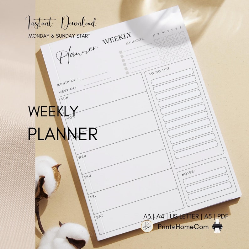 Weekly Planner Printable Minimalist Weekly Schedule A3 A4 US Letter A5 ...