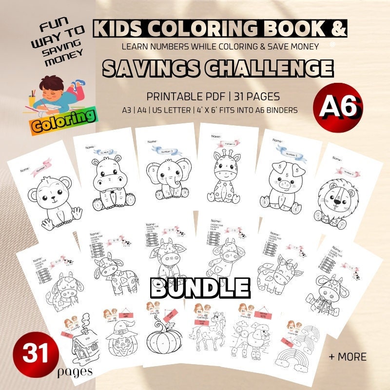 Kids Coloring Book Savings Challenge Bundle A3, A4, A6 Mini Size ...