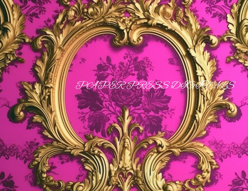 Pink Rococo Style Vintage Wallpaper in Vibrant Pink and Gold, Digital ...