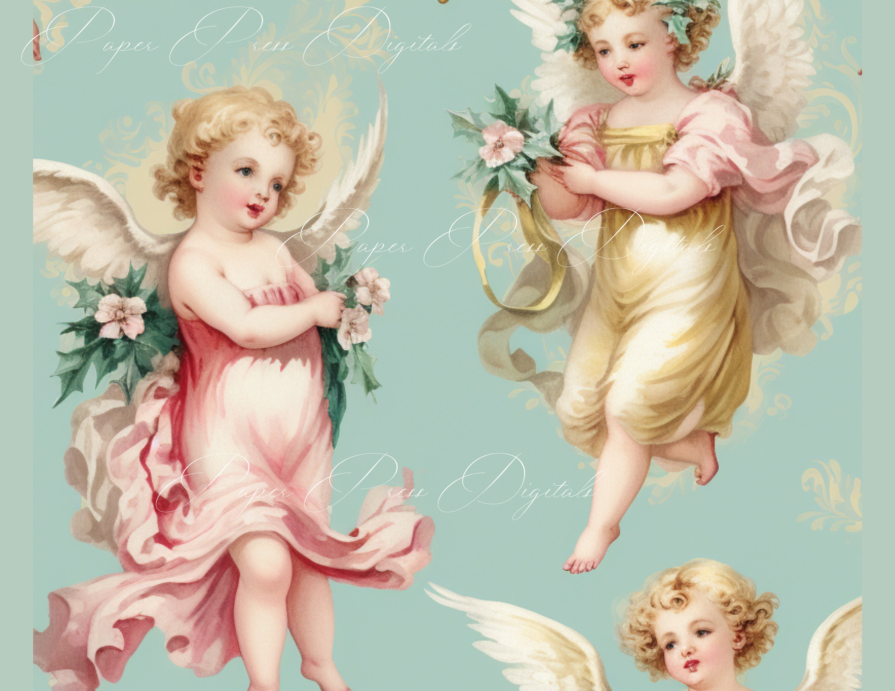 Shabby Chic Vintage Cherubs and Roses 2, Paper Pack, Digital Art Paper ...