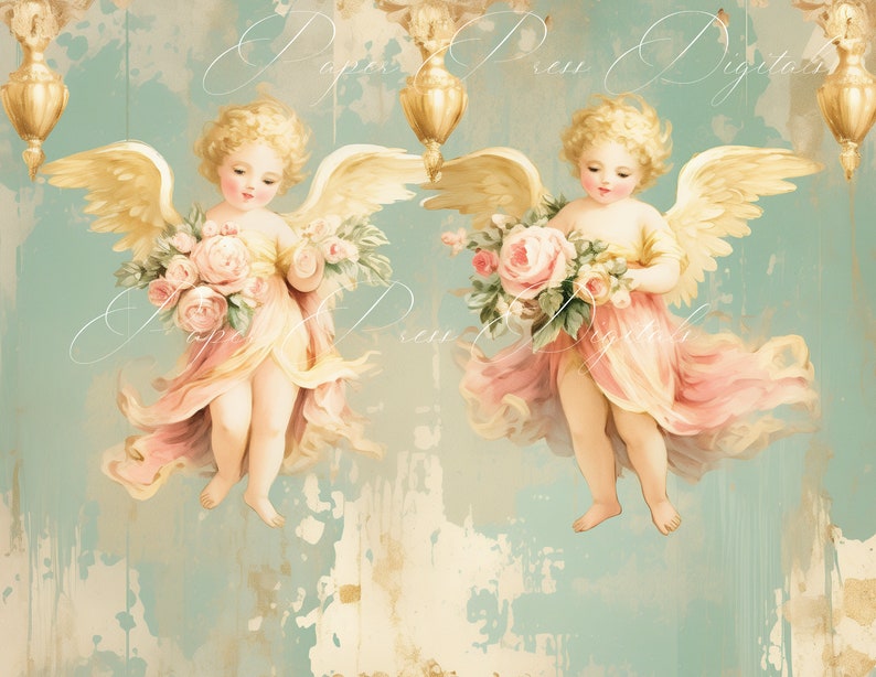 Shabby Chic Vintage Cherubs and Roses,digital Art Paper, Shabby Chic ...