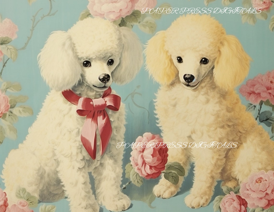 Shabby Chic Vintage Miniature Poodles 1, Paper Pack, Digital Art Paper ...
