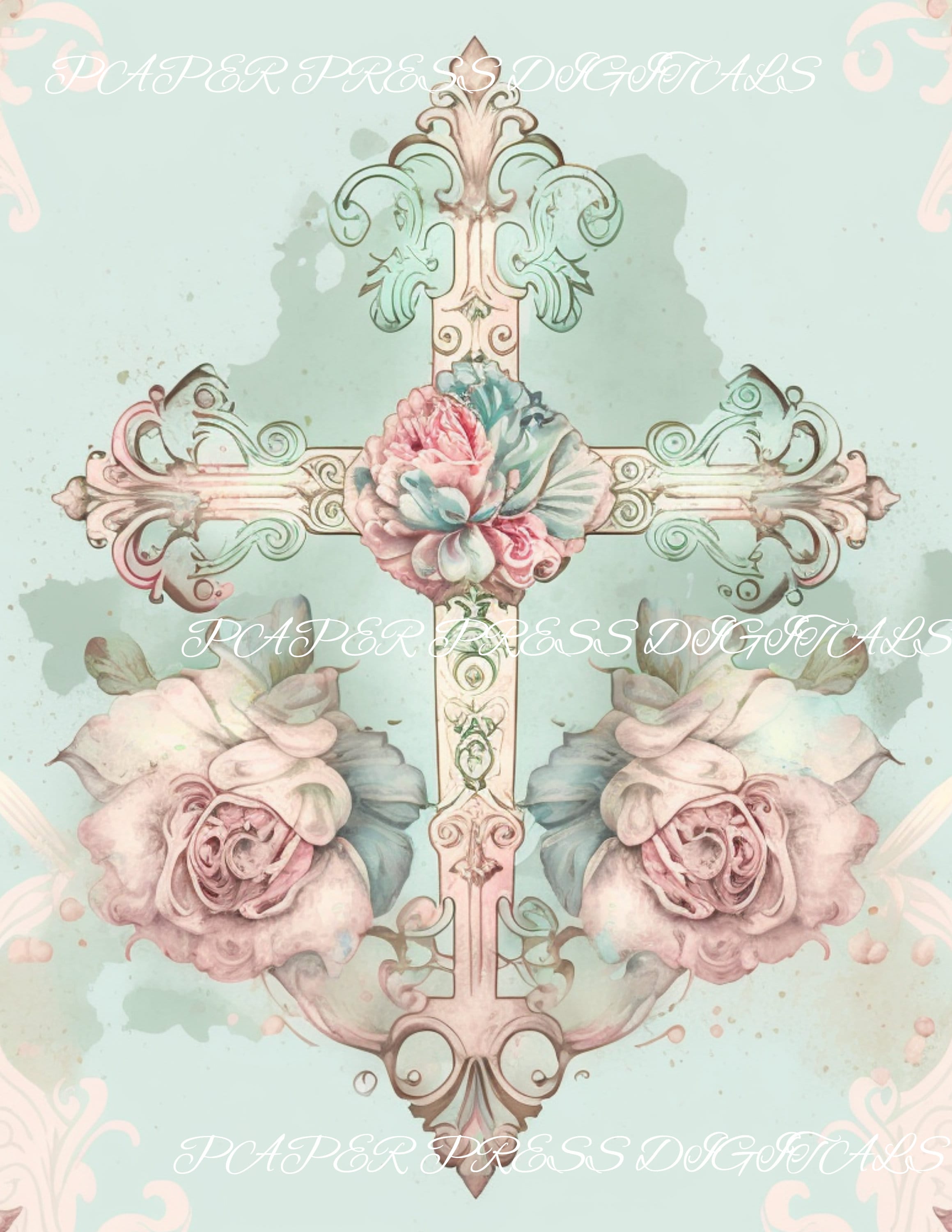 Shabby Chic Vintage Cross and Roses Digital Art Paper, Shabby Chic ...