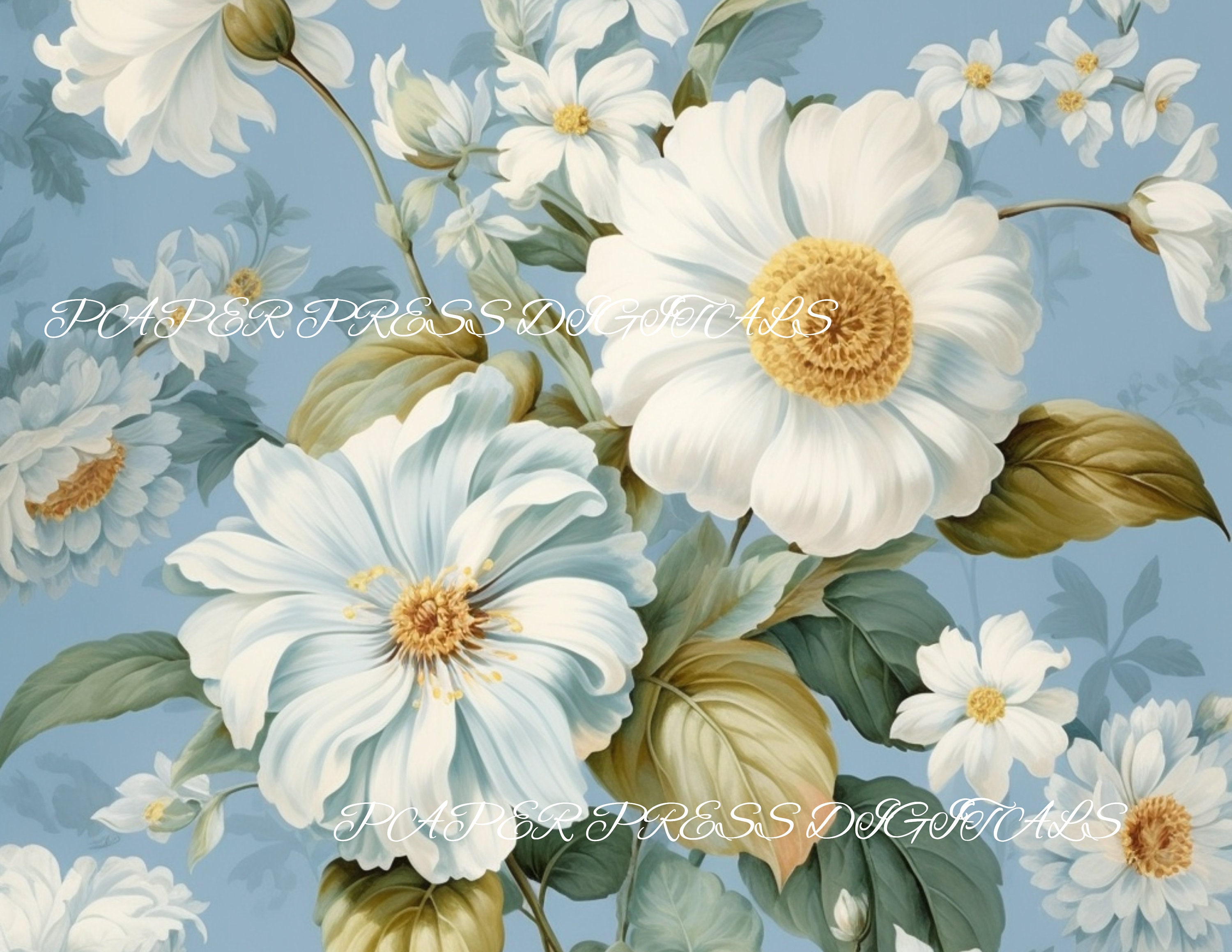Vintage Shabby Chic Floral in Blue Paper Pack Digital Art - Etsy