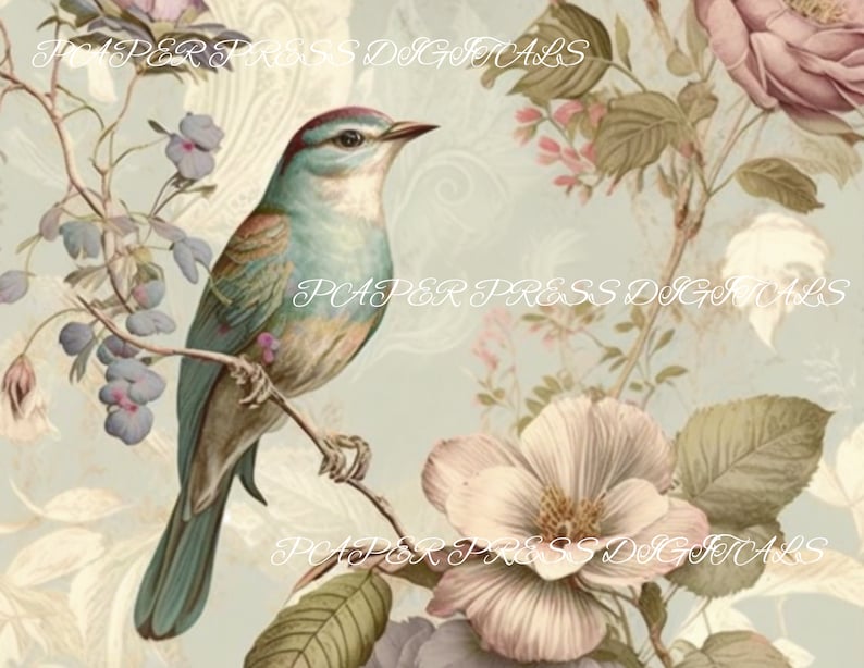 Shabby Chic Vintage Birds & Floral Digital Paper, Shabby Chic Paper ...