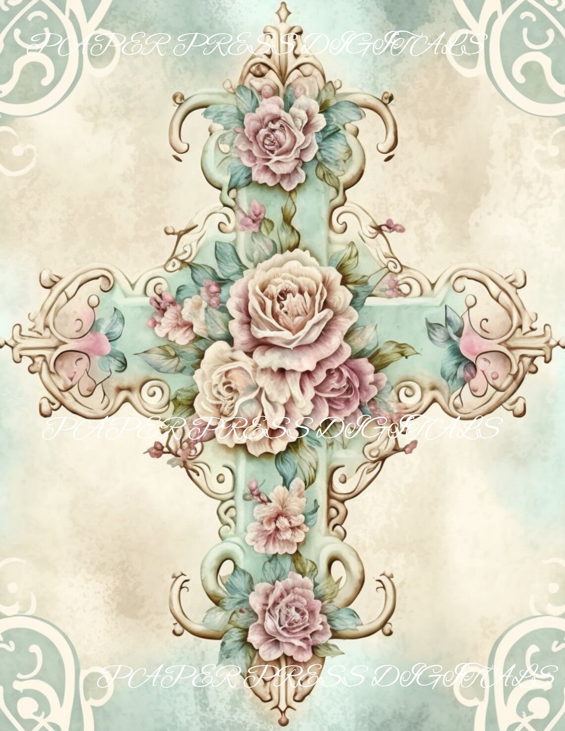 Shabby Chic Vintage Cross and Roses Digital Art Paper, Shabby Chic ...