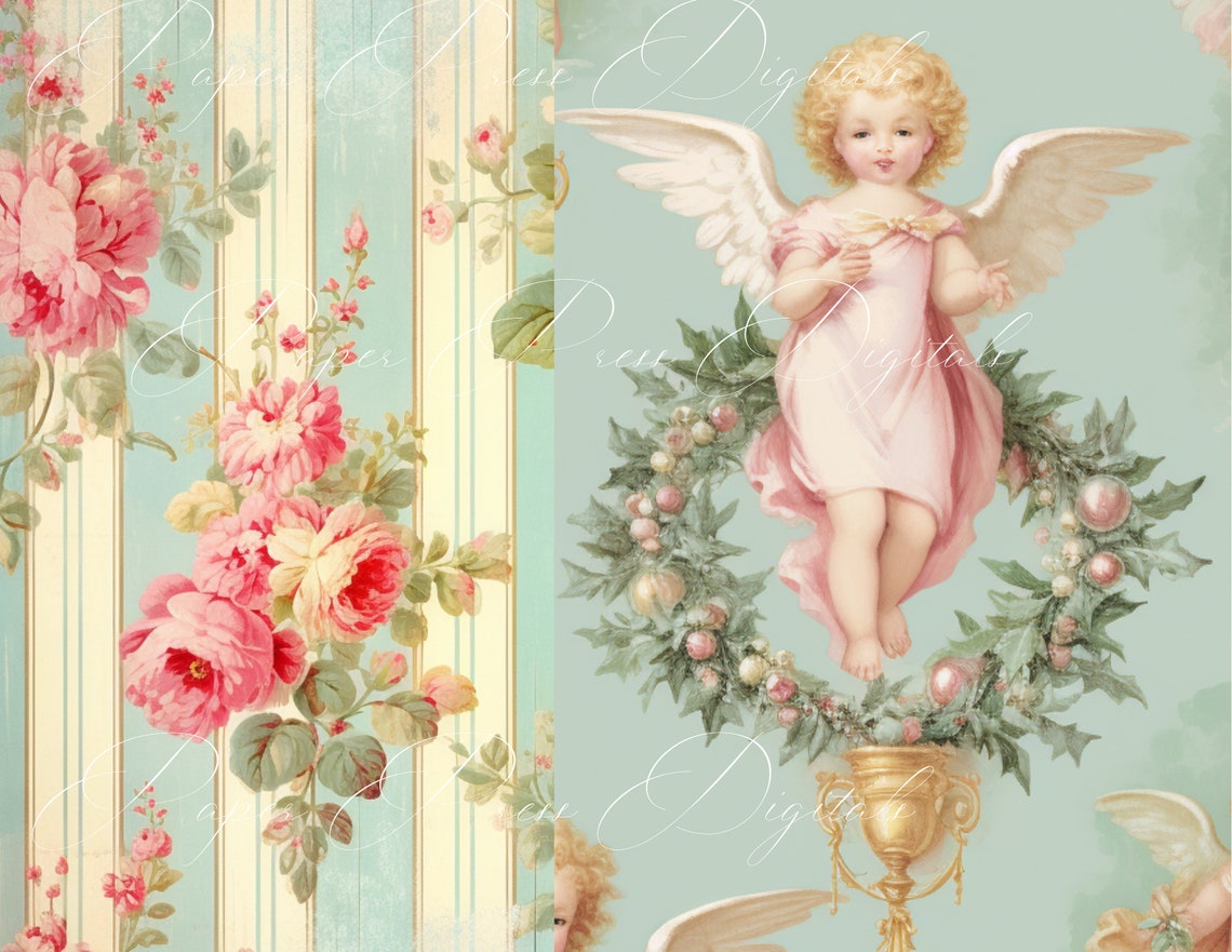 Shabby Chic Vintage Cherubs and Roses 2, Paper Pack, Digital Art Paper ...