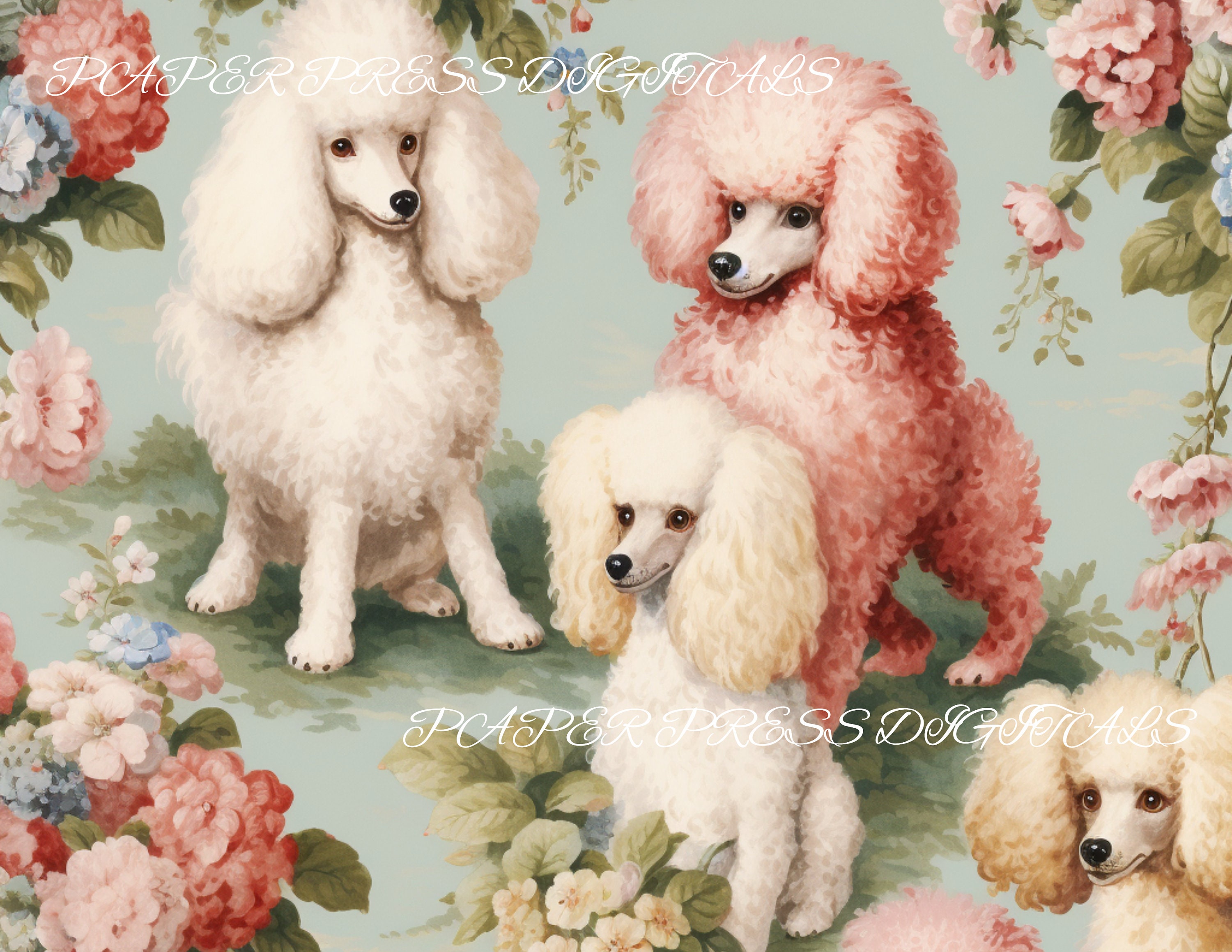 Shabby Chic Vintage Miniature Poodles 1, Paper Pack, Digital Art Paper ...