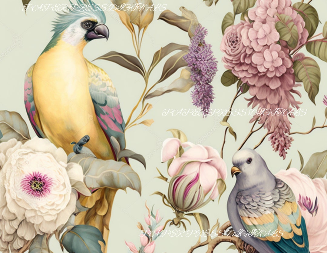 Vintage Shabby Chic Floral and Birds 2 Digital Art Paper, Shabby Chic ...