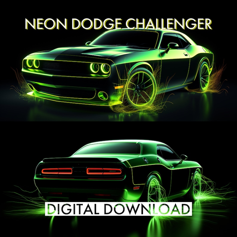 PRINTABLE 2 Set Neon Dodge Challenger Digital Download | Neon Prints ...