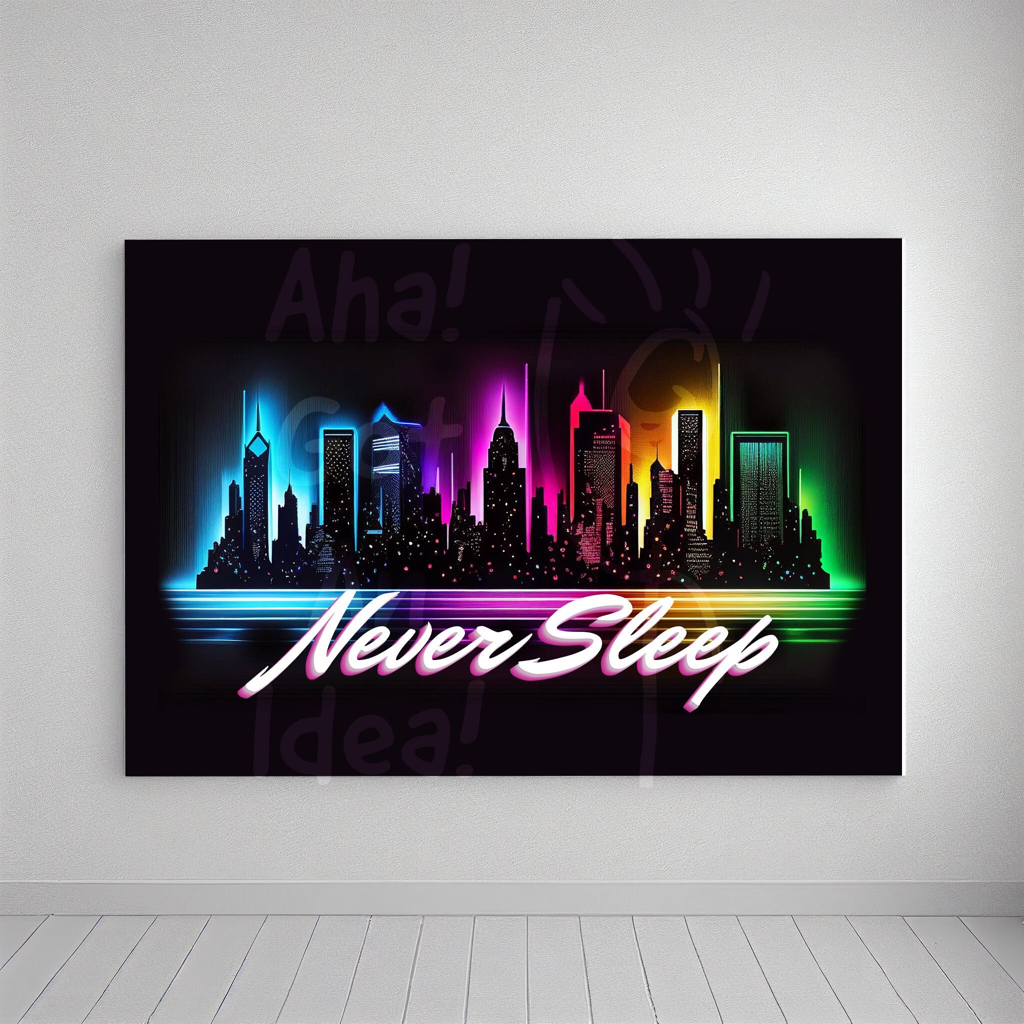 PRINTABLE Neon New York City Skyline With Quote Never Sleep | Neon ...