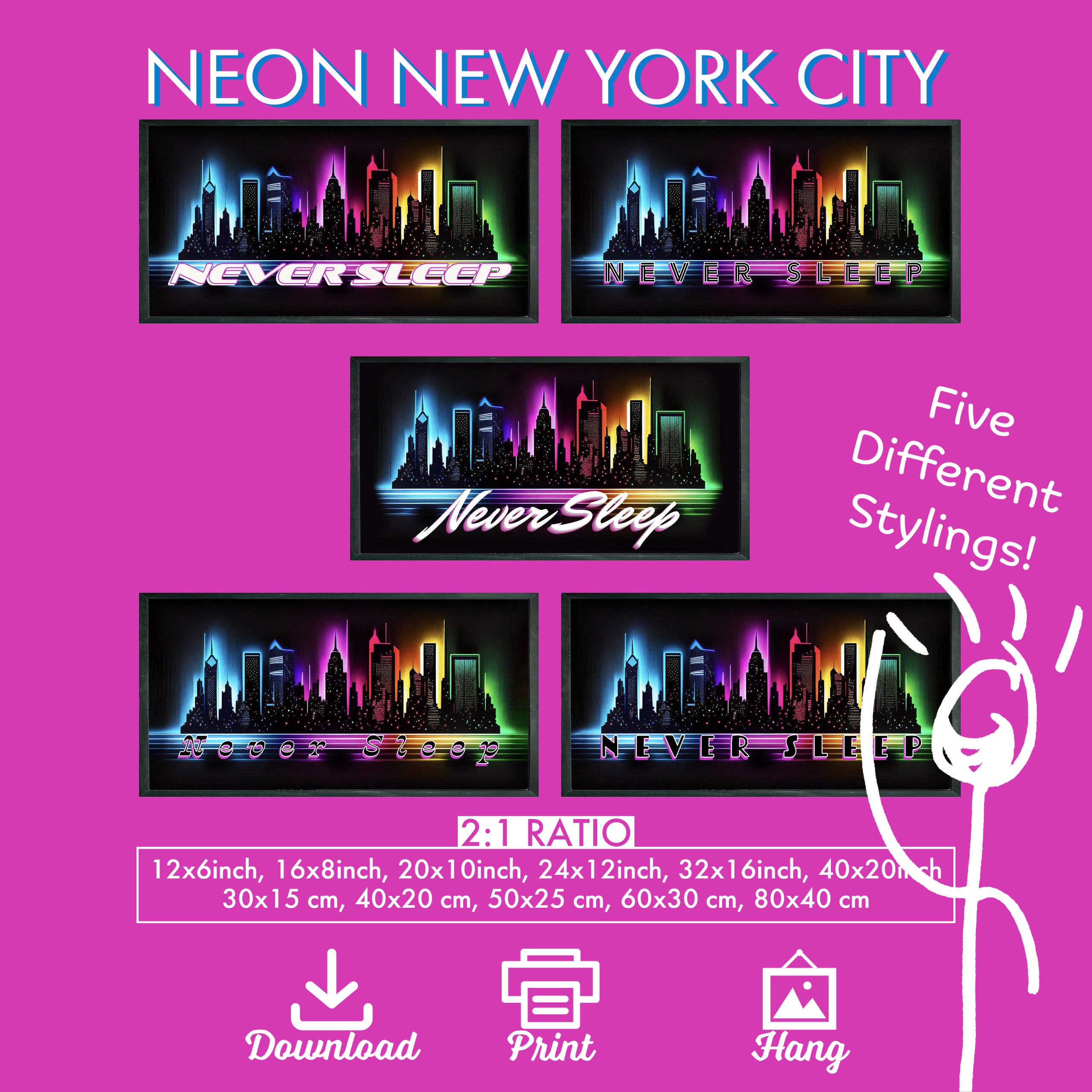 PRINTABLE Neon New York City Skyline With Quote Never Sleep | Neon ...