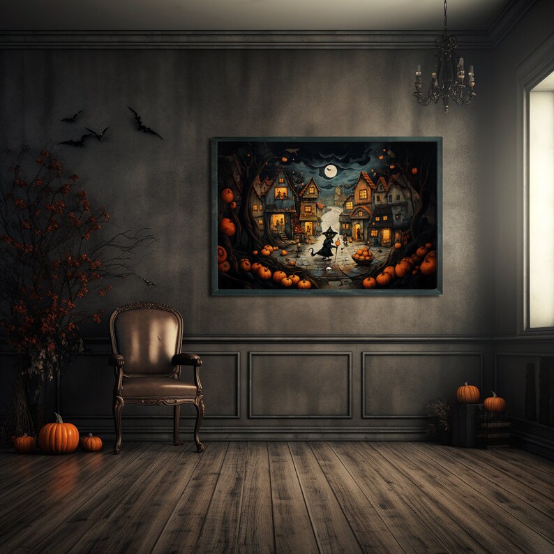 Impresión artística de Halloween de un gato negro de Spooky Village ...