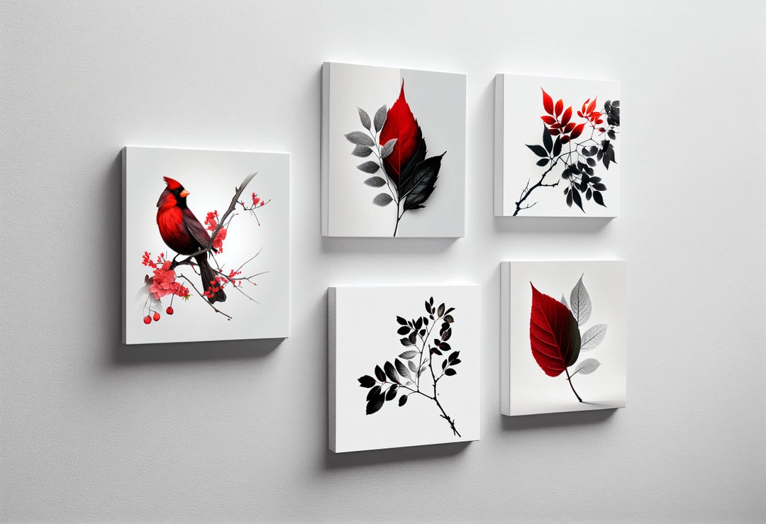 PRINTABLE Gallery Set Print Cardinal, Leaves and Branches V1 Bird Art ...