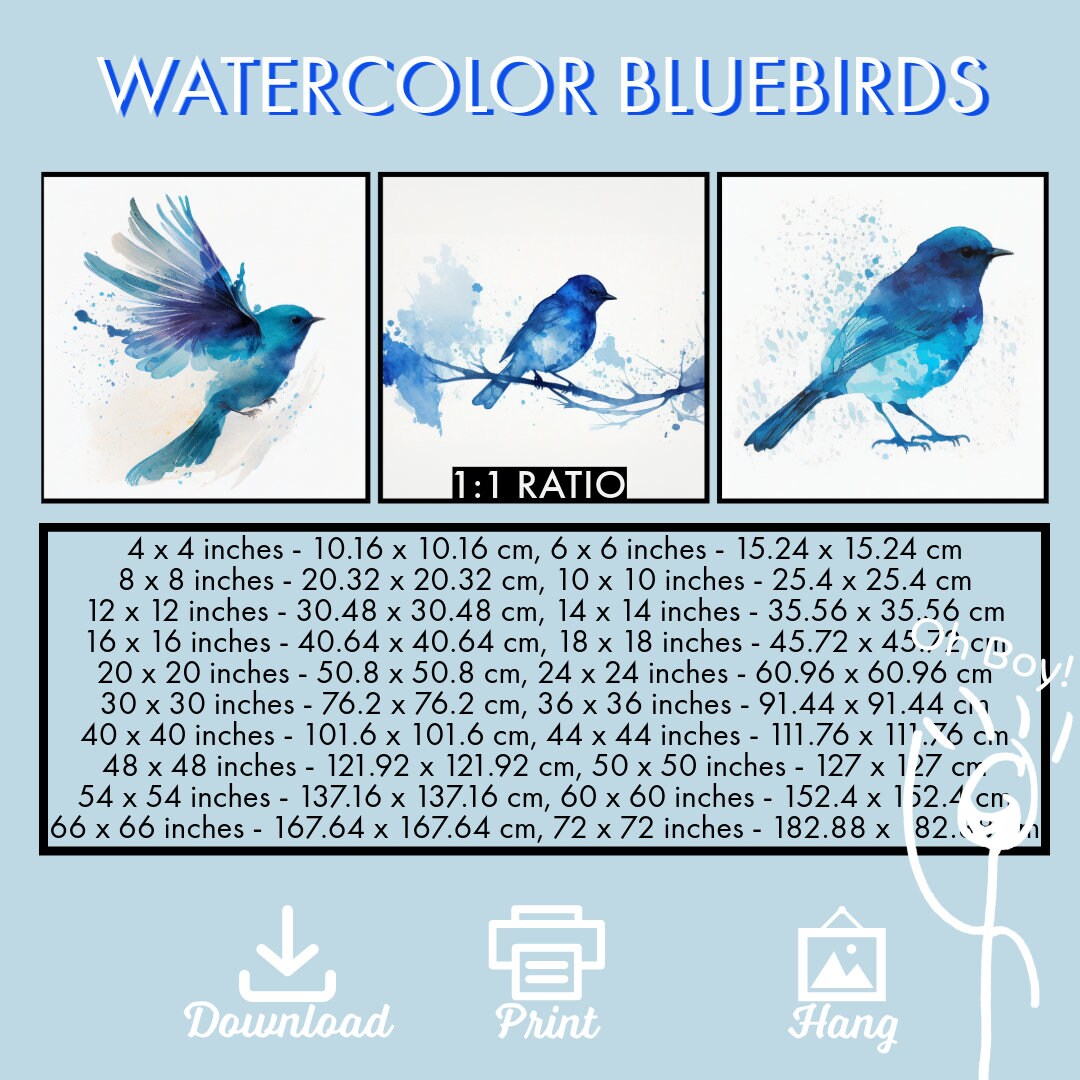 PRINTABLE 3 Print Set of Watercolor Bluebirds | Bluebird Wall Art Print ...