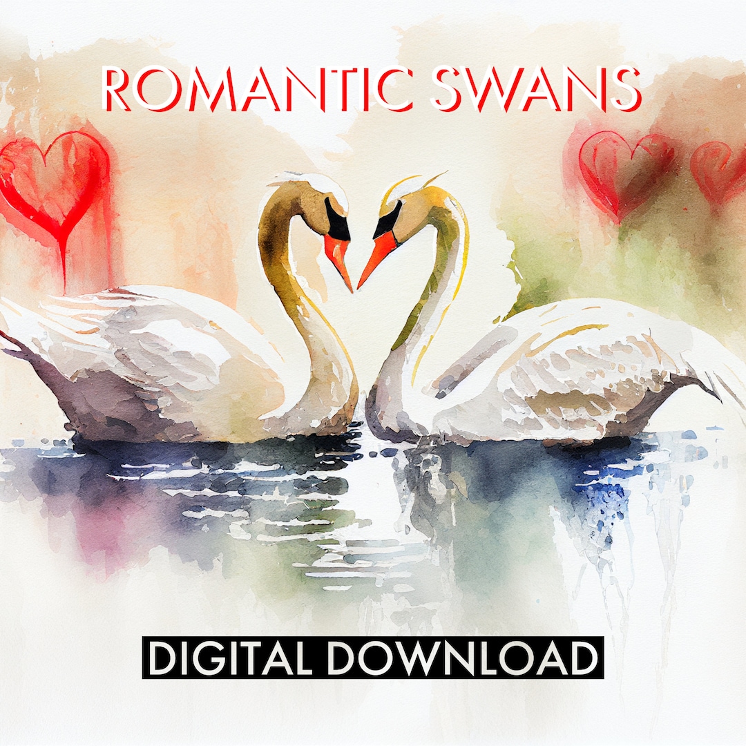 PRINTABLE 2 Romantic Swans Kissing on Lake With Hearts | Swan Wall Art ...