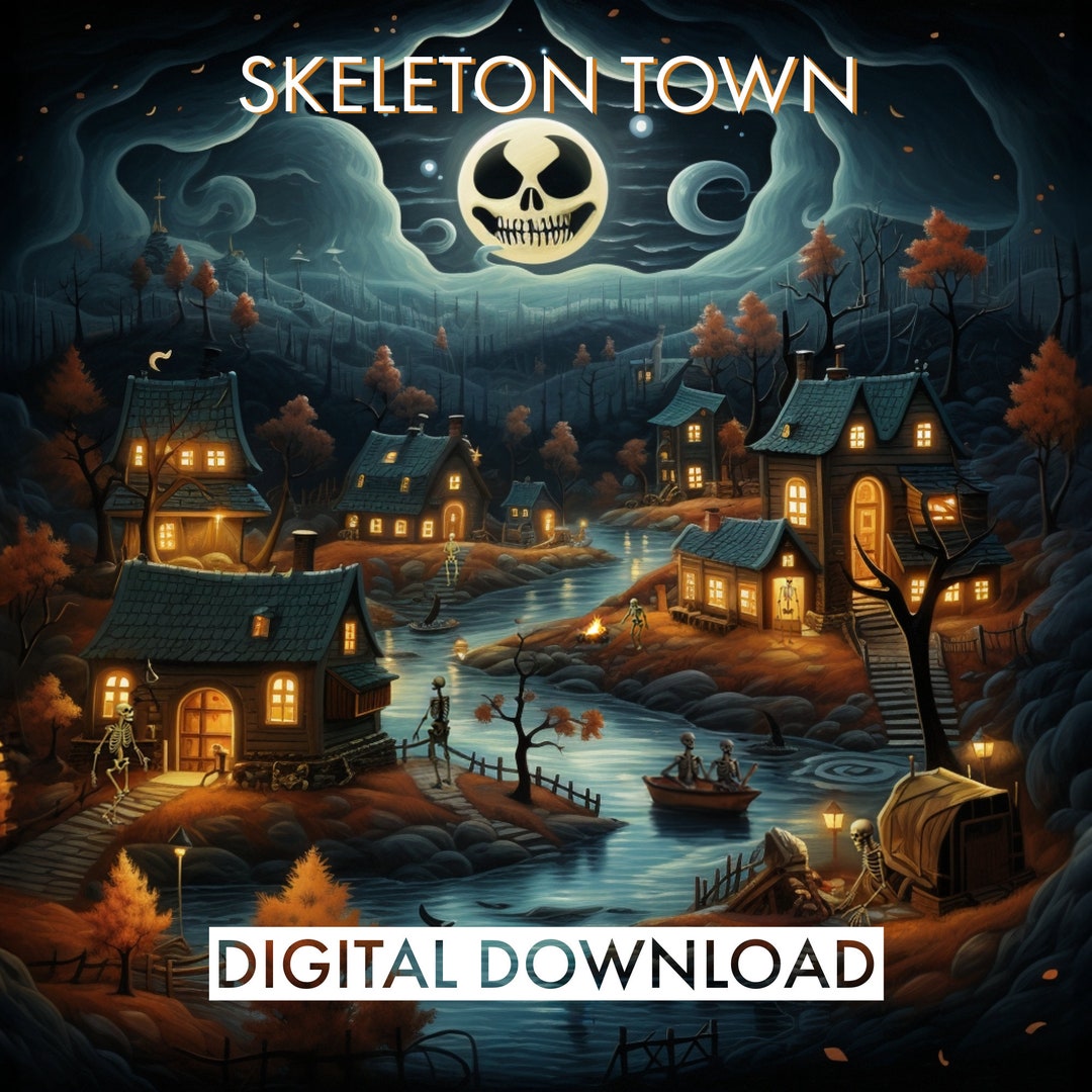 PRINTABLE Skeleton Town Wall Art | Creepy Town Scene | Halloween Print ...