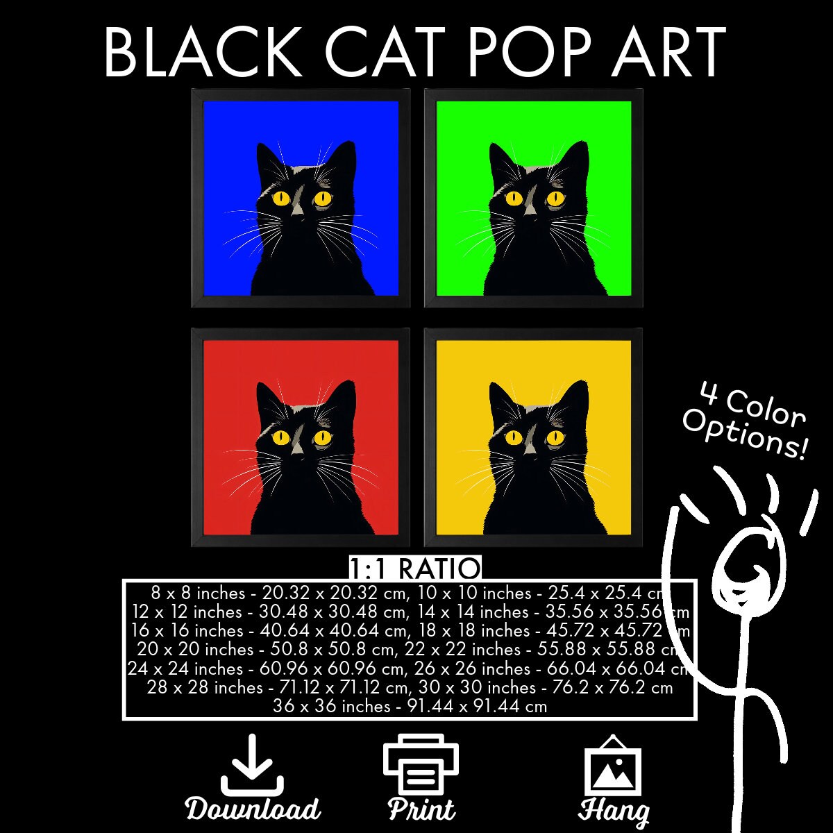 Printable Black Cat Pop Art 4 Colors Halloween Cat Wall Art Black Cat