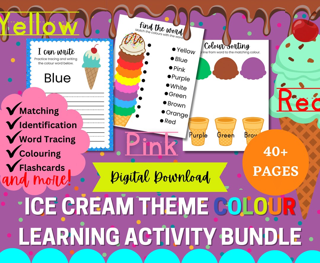 LEARNING COLOURS Ice Cream Theme Printable Worksheet Bundle, Preschool ...
