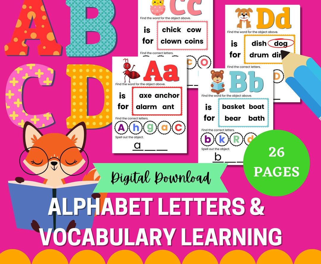 ALPHABET LETTERS & VOCABULARY Learning Printable Worksheets - Etsy