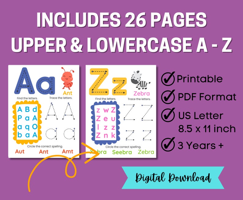 LEARNING LETTERS A-Z Printable Page Worksheets, Tracing Letters, Letter ...