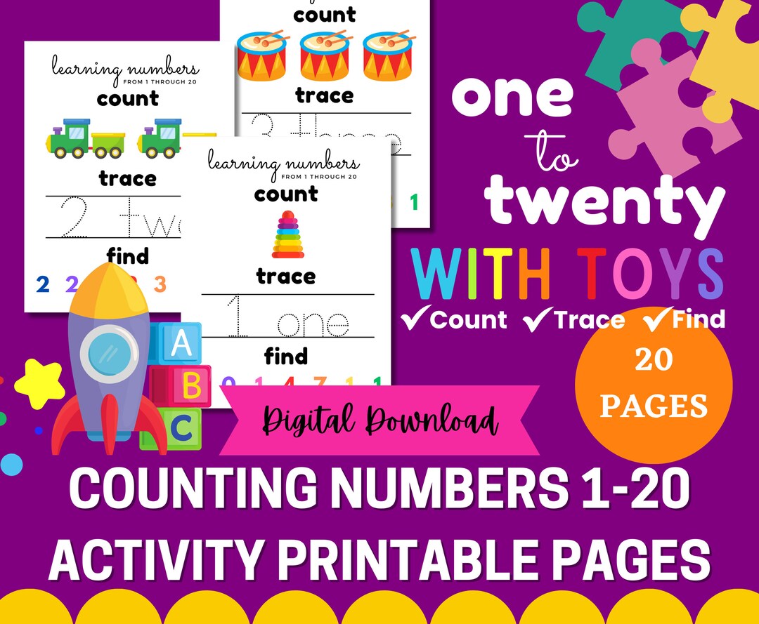 COUNTING & TRACING NUMBERS 1-20 Learning Printable Worksheets, Early ...