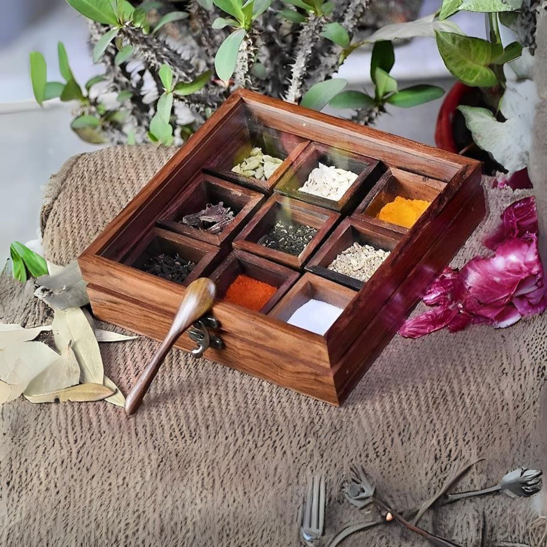 Spice Box With 2 Spoon Sheesham Wood Spice Box for Kitchen - Etsy