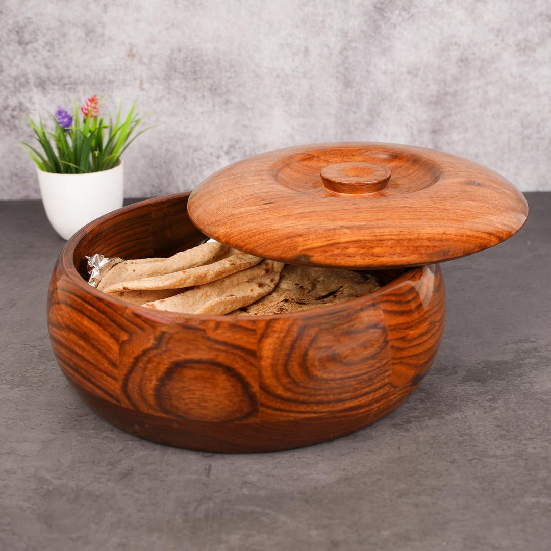 Sheesham Wood Round Chapati Box Roti Storage Container With - Etsy
