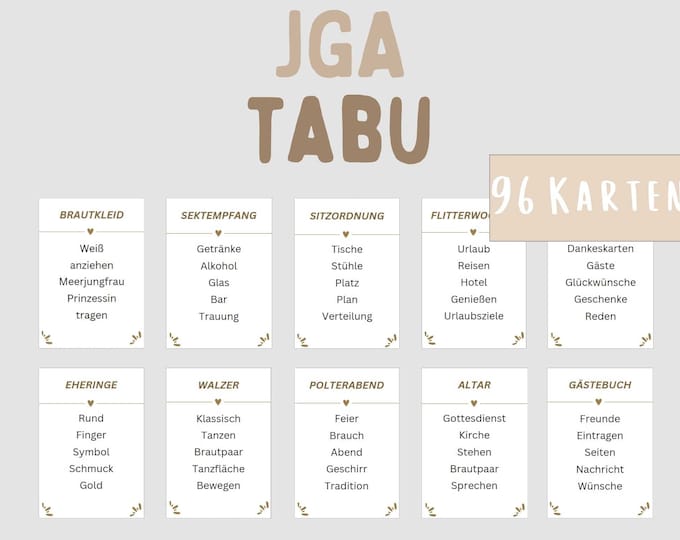 Hochzeits Tabu zum Download und Ausdrucken mit 99 Begriffen für JGA ...