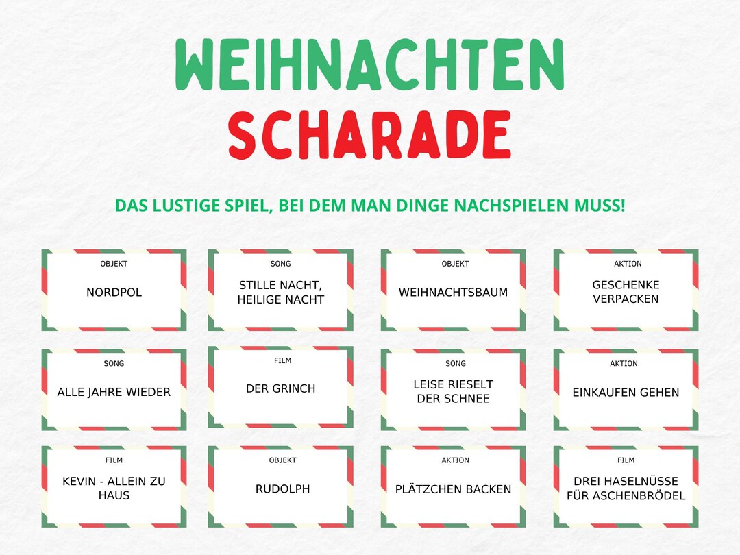 Christmas Charades Game, 64 Pantomime Cards, Family Party Game ...