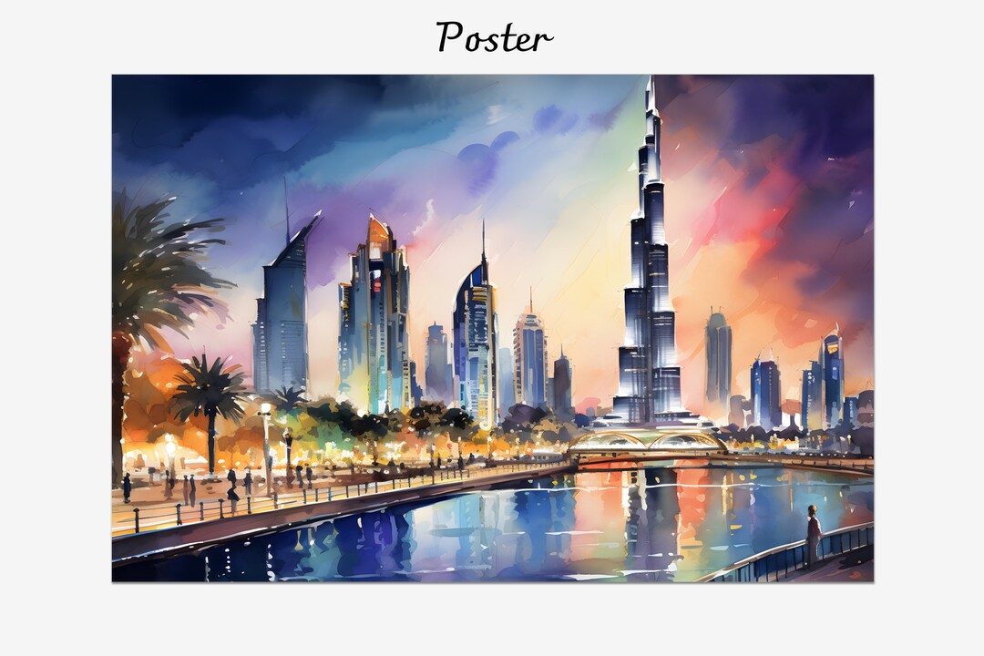 Dubai Burj Khalifa Watercolor Painting: UAE Sunset Cityscape Art - Etsy