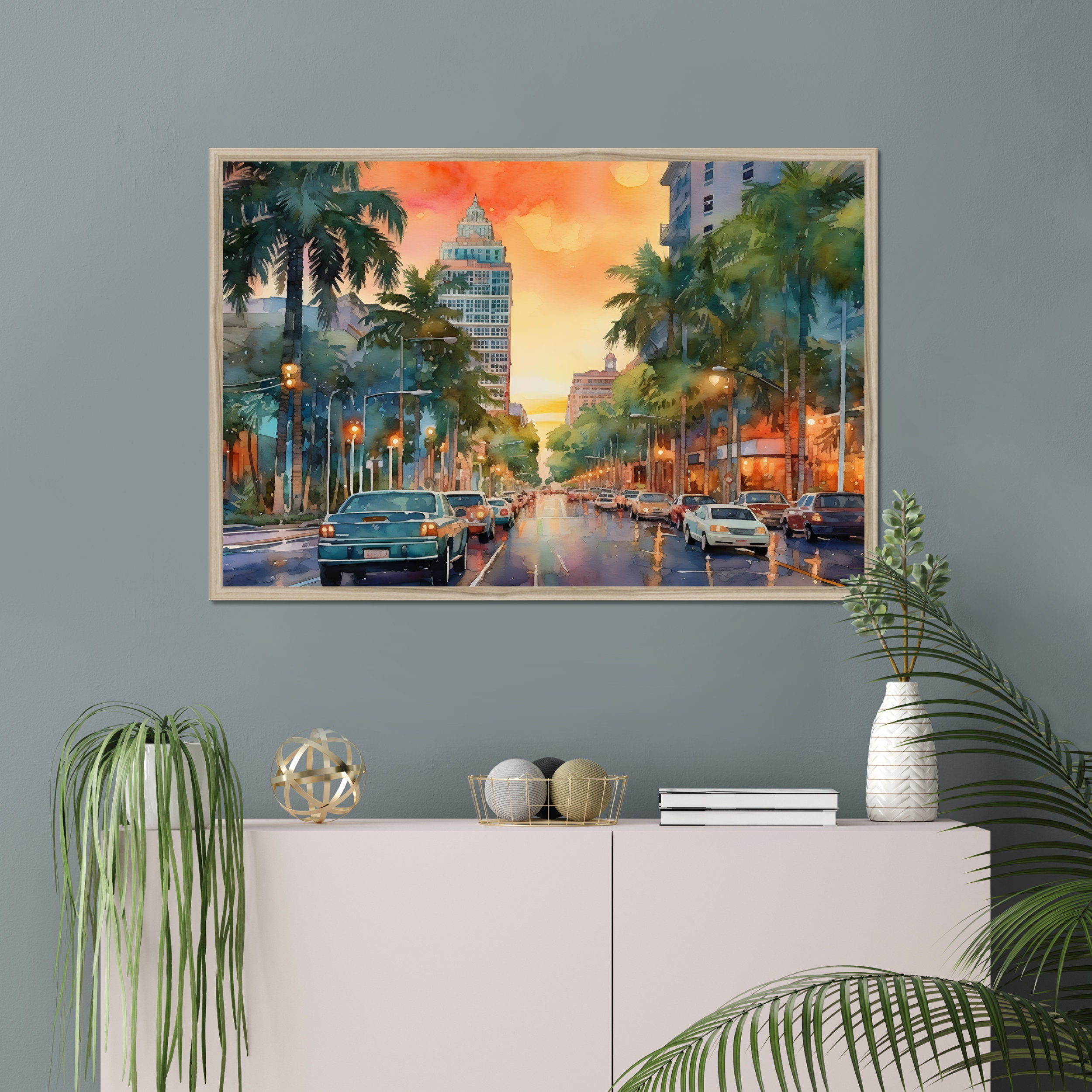 Miami Streets Watercolor Painting: Cityscape Sunset Giclée Print - Etsy