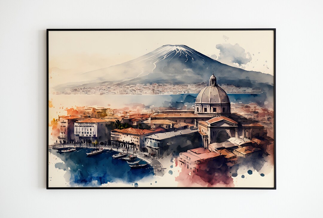 Naples Italy Watercolor Painting: Vesuvius Skyline Art (digital ...