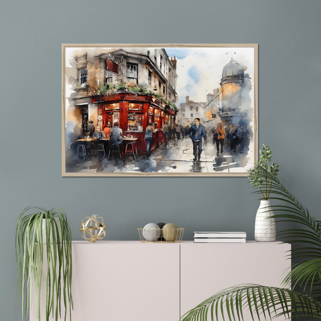 Dublin Street Pubs Watercolor Painting, Ireland Cityscape Framed Canvas ...