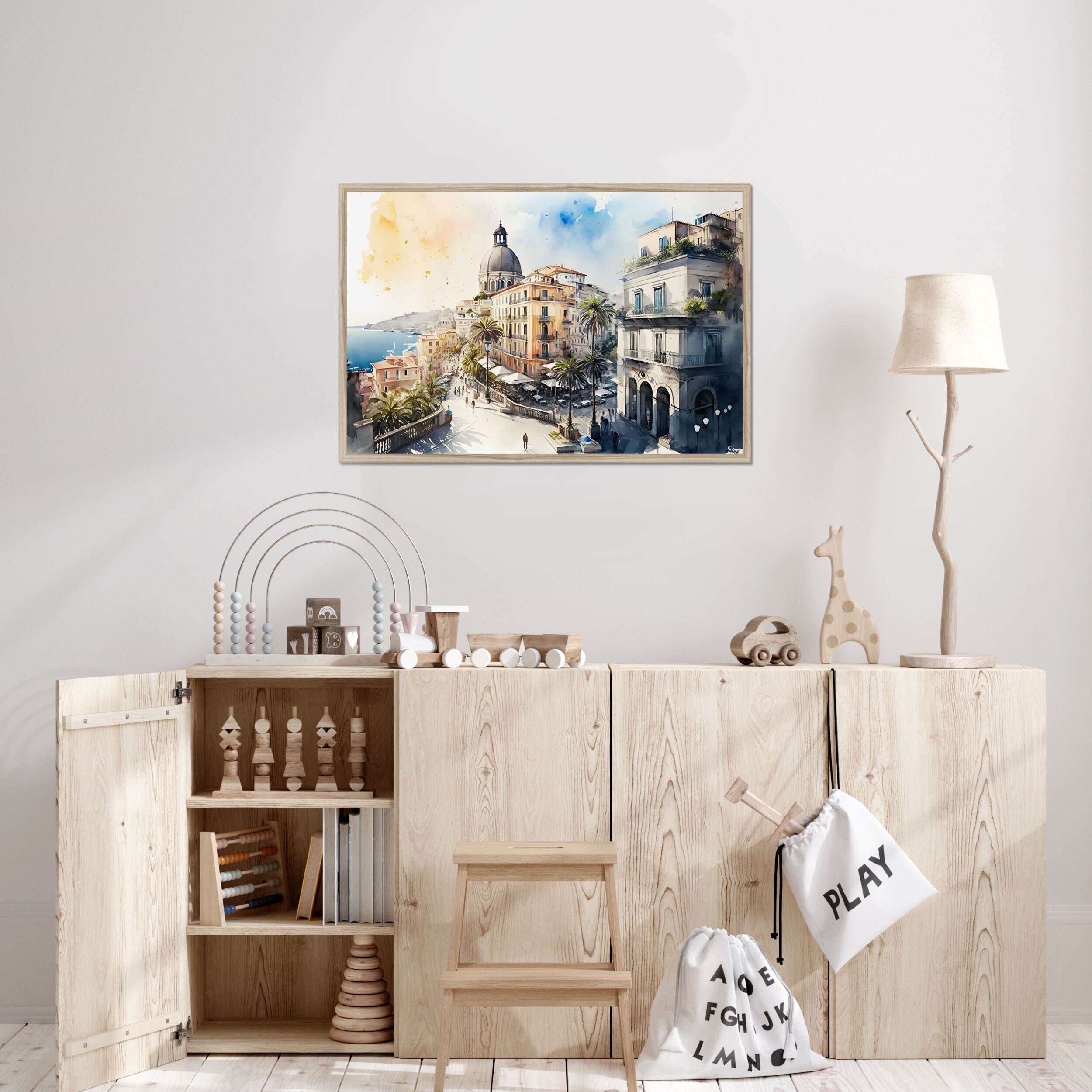 Naples Watercolor Painting, City Landscape Framed Canvas, Naples Street ...